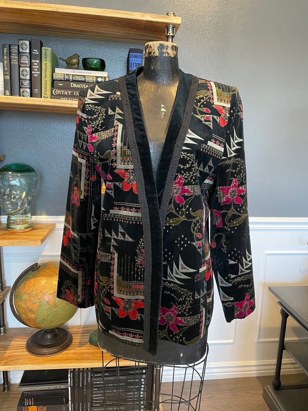 80er Tan Jay, Schwarz, Blazer, Jacke, Abstrakt, Floral, Muster, Langarm ...