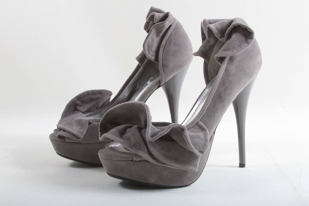 Gorgeous, Vintage, Grey, Suede, Platform, High Heels, Open Toe, Peep ...