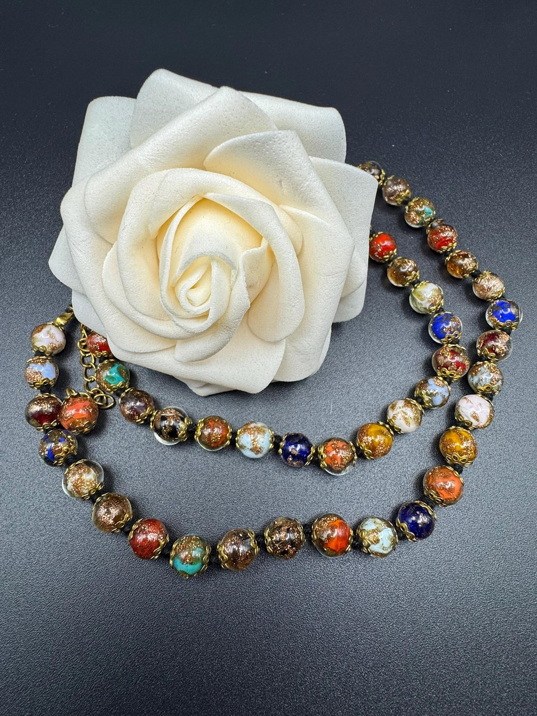 Vintage Murano Glass Beaded Necklace – Multicolor Foil Beads, Italian ...