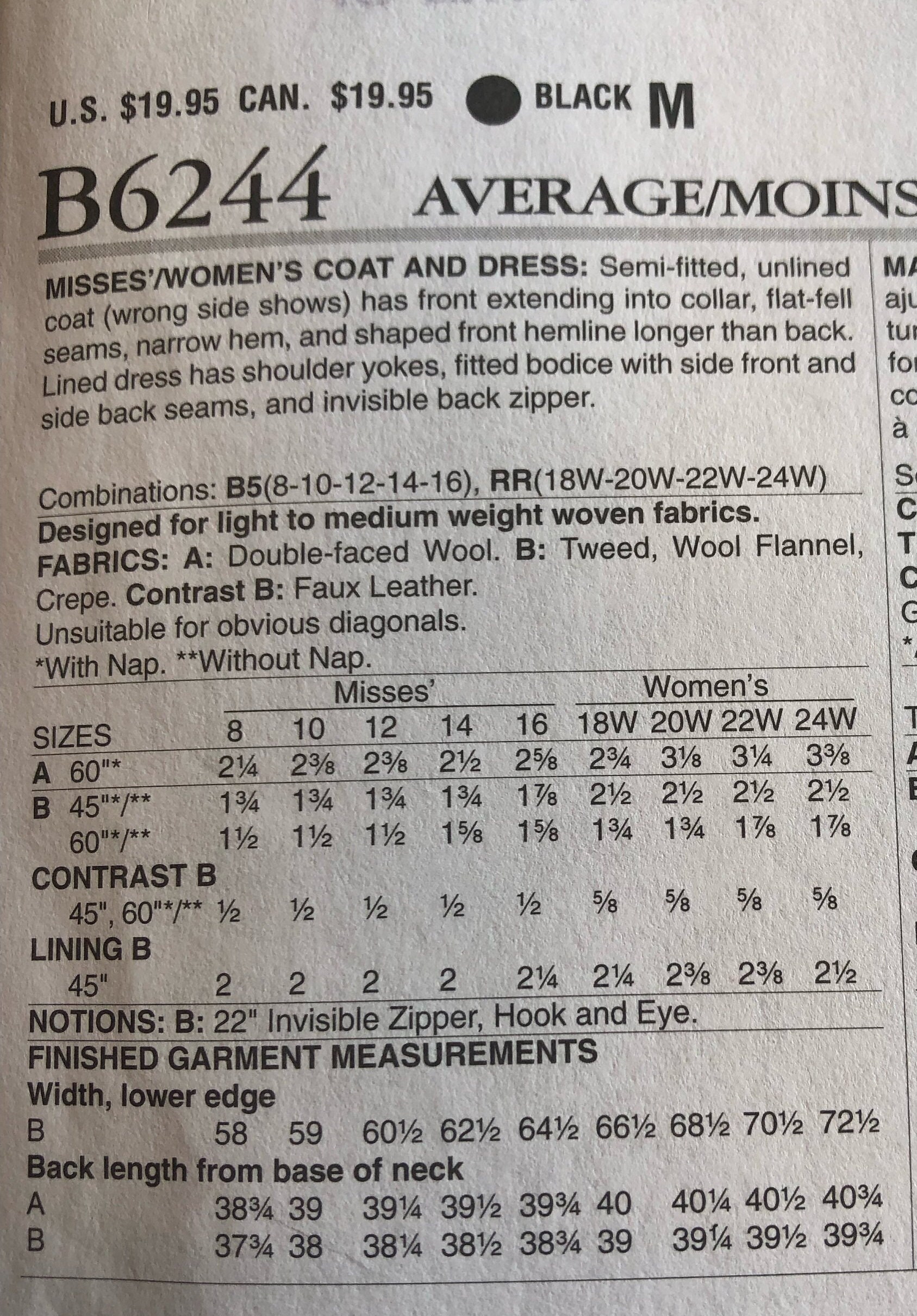 Butterick B6244 Sewing Pattern, Misses' Coat and Dress, UNCUT and ...