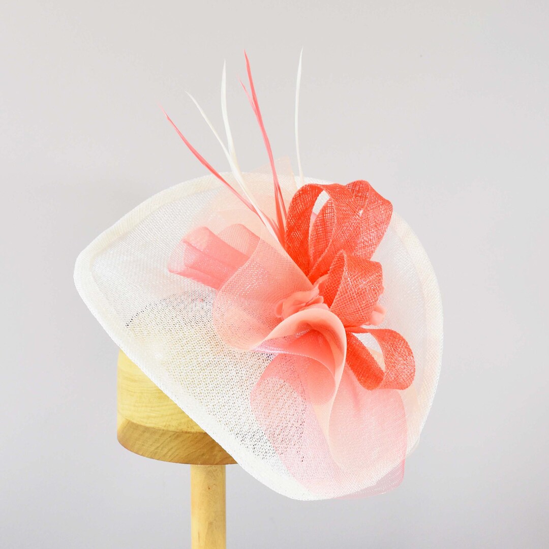 Coral Fascinator With Sinamay Loops, Horsehair Swirls, Flowers, and ...