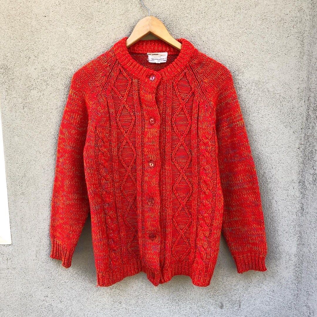 Vintage Red Cable Cardigan With Yellow/blue Threads - Etsy
