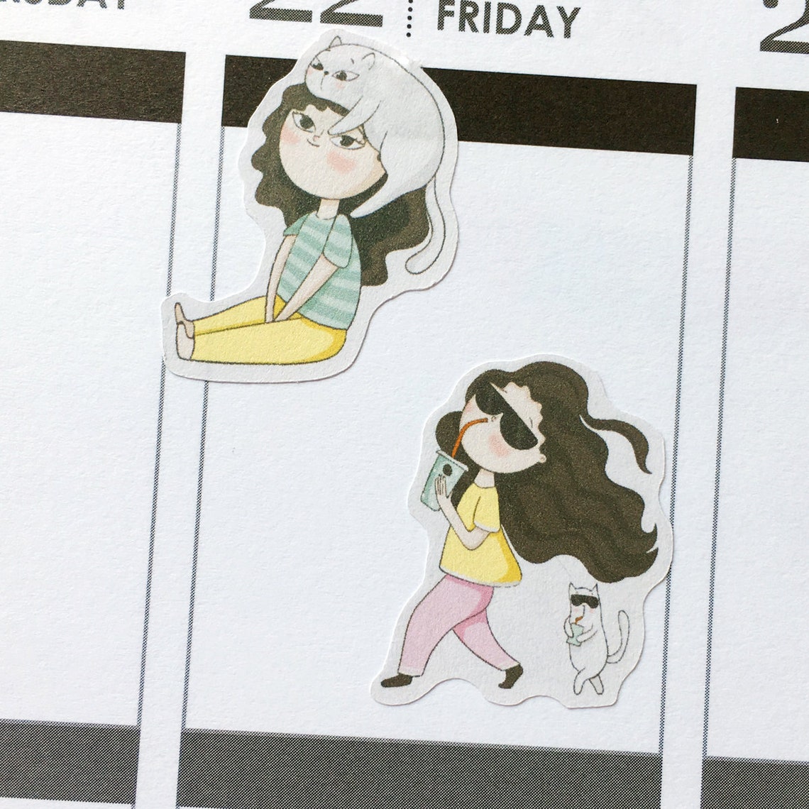 Girl With Cat Sampler 2 Planner Stickers Cute Cat Stickers - Etsy