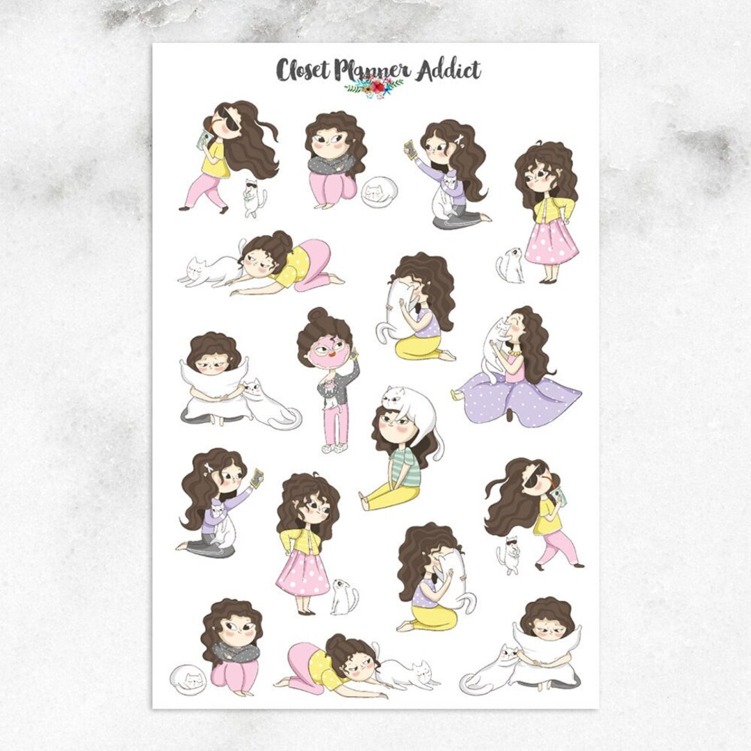 Girl With Cat Sampler 2 Planner Stickers | Cute Cat Stickers | Cat ...