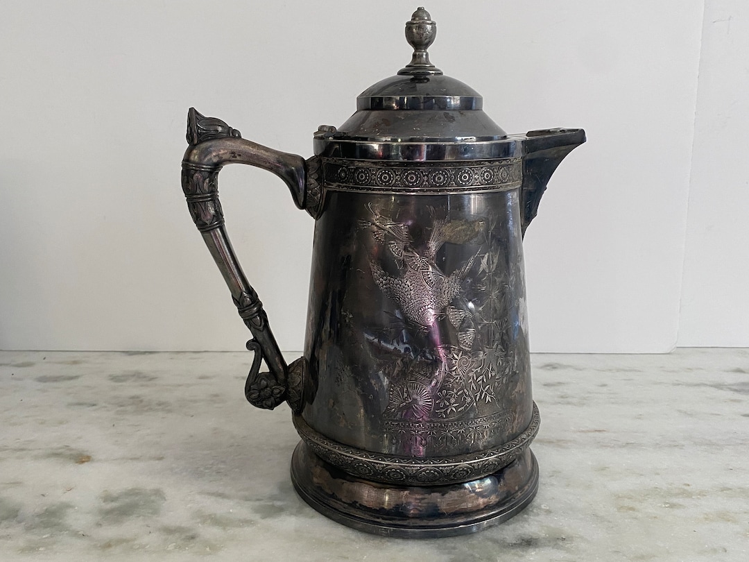 Antique Meriden Silver Plated Water Pitcher: Victorian Etched Bird ...