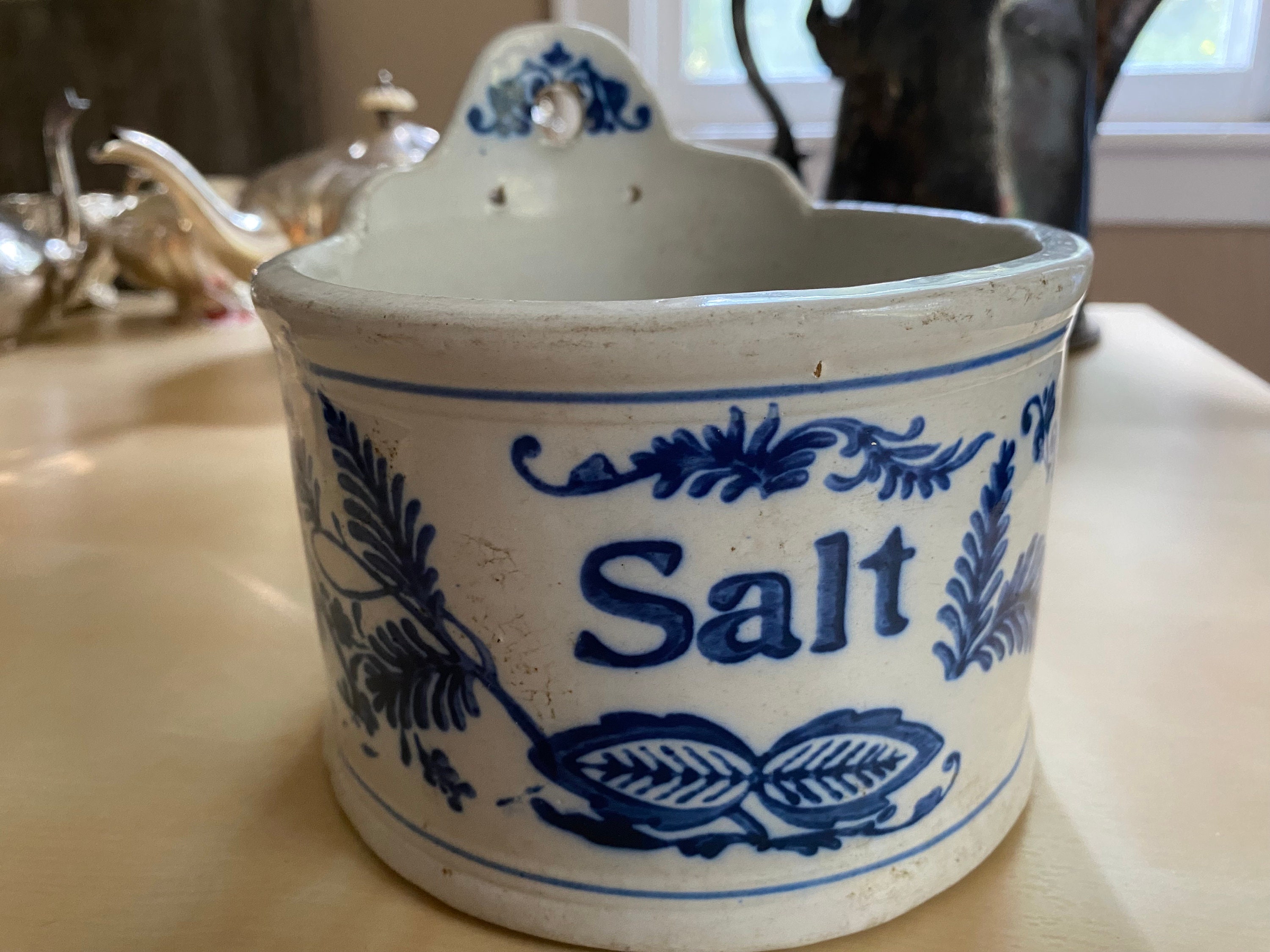 ANTIQUE SALT BOX Antique Blue and White Salt Box-1890's Salt Box Wall ...
