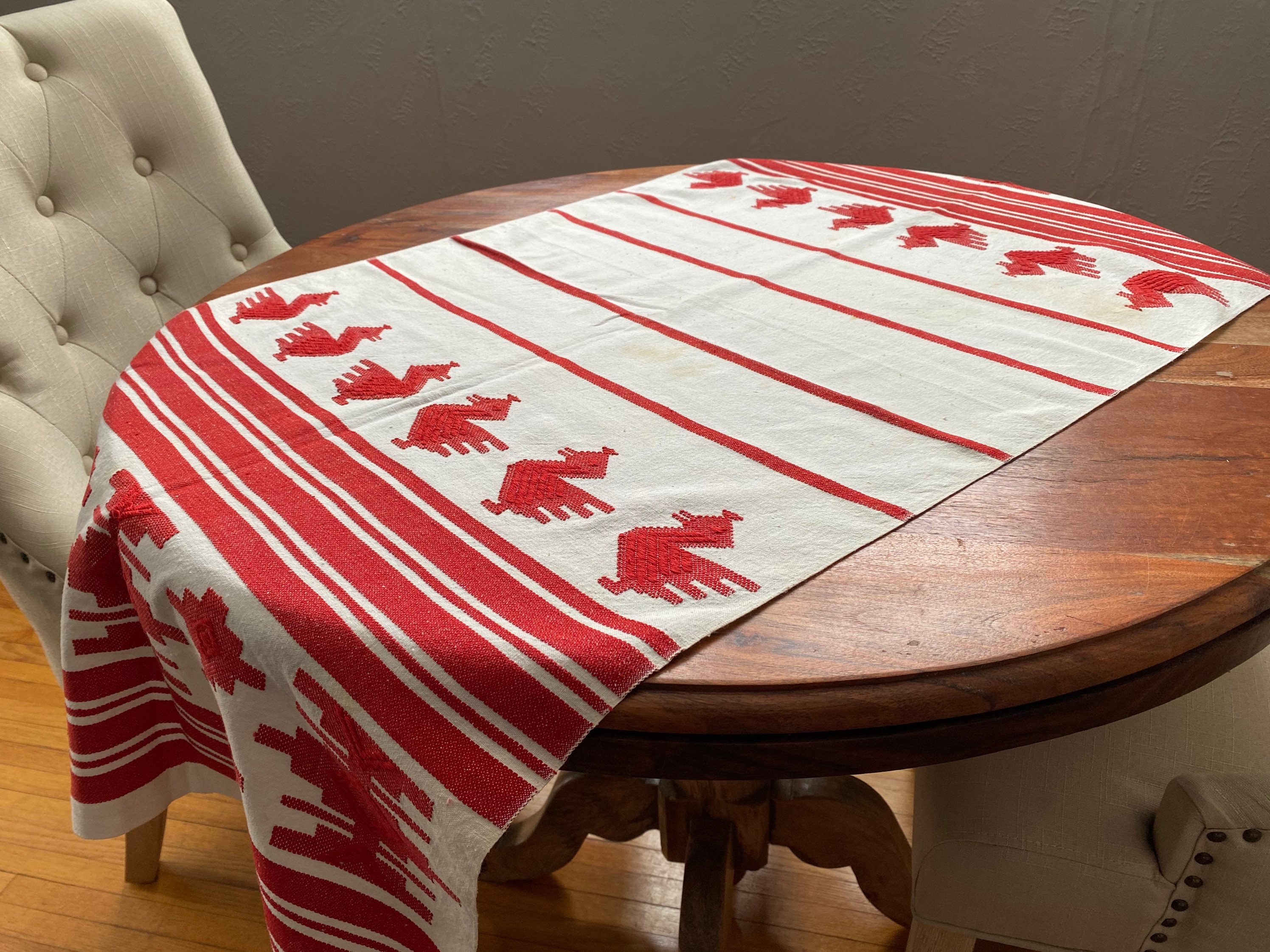 Home & Living Linens WOVEN TABLE RUNNER In Red and White with Red ...