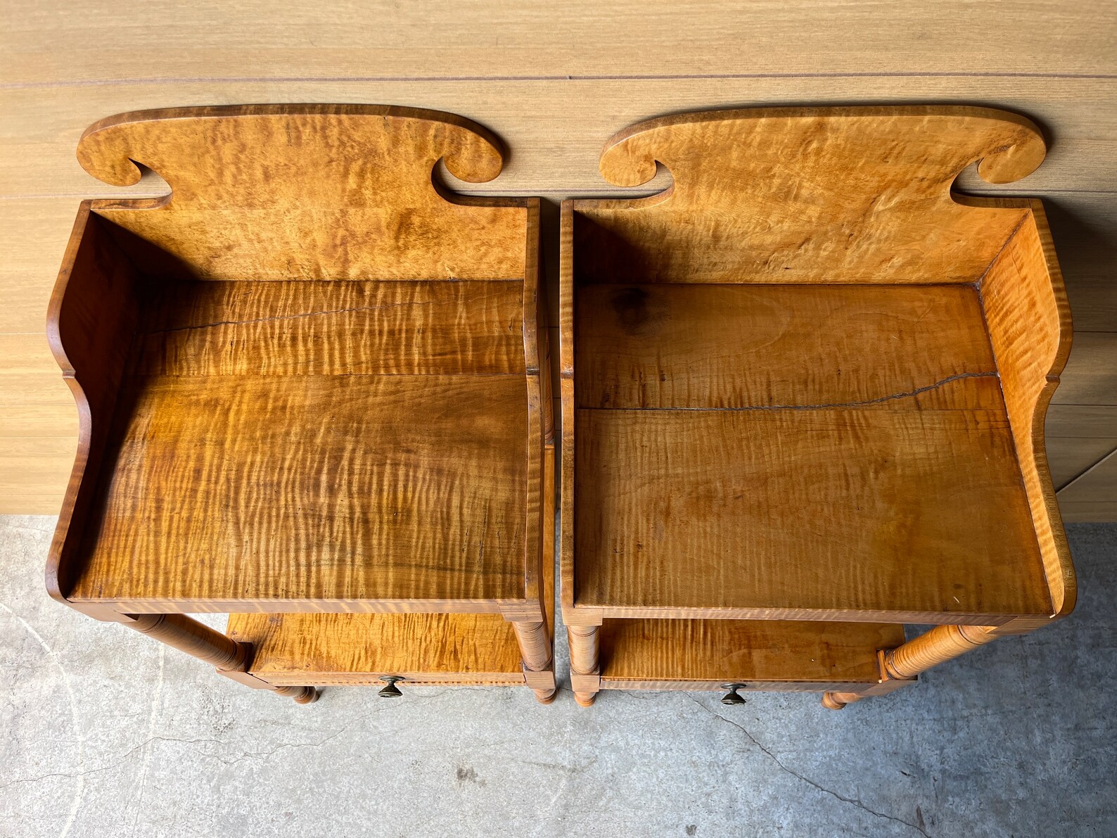 Mid 20th Century Benchmade Early American Tiger Maple Side Tables a ...