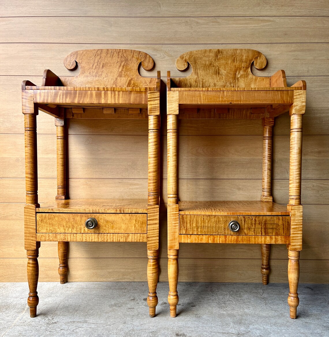 Mid 20th Century Benchmade Early American Tiger Maple Side Tables a ...