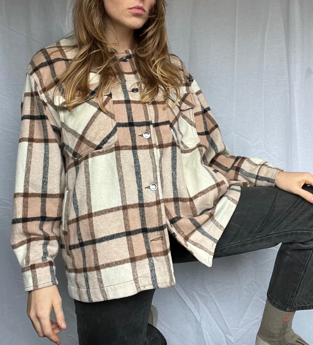 Plaid Fleece Shacket Neutral Earth Tone Brown Tan Cream Button-up ...