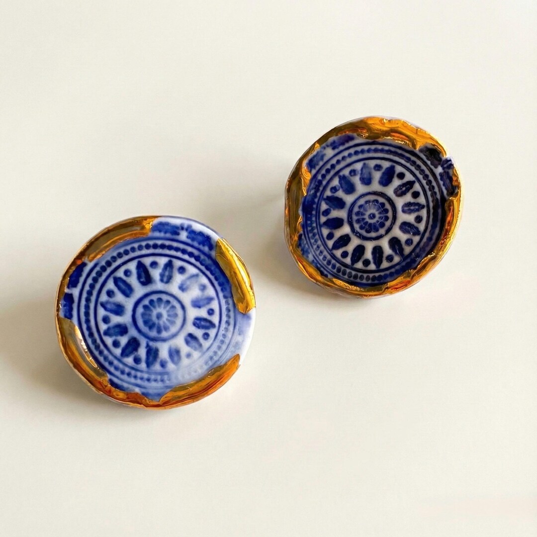 Handmade Blue Delft Porcelain Stud Earrings, 22k Gold Rim - Etsy