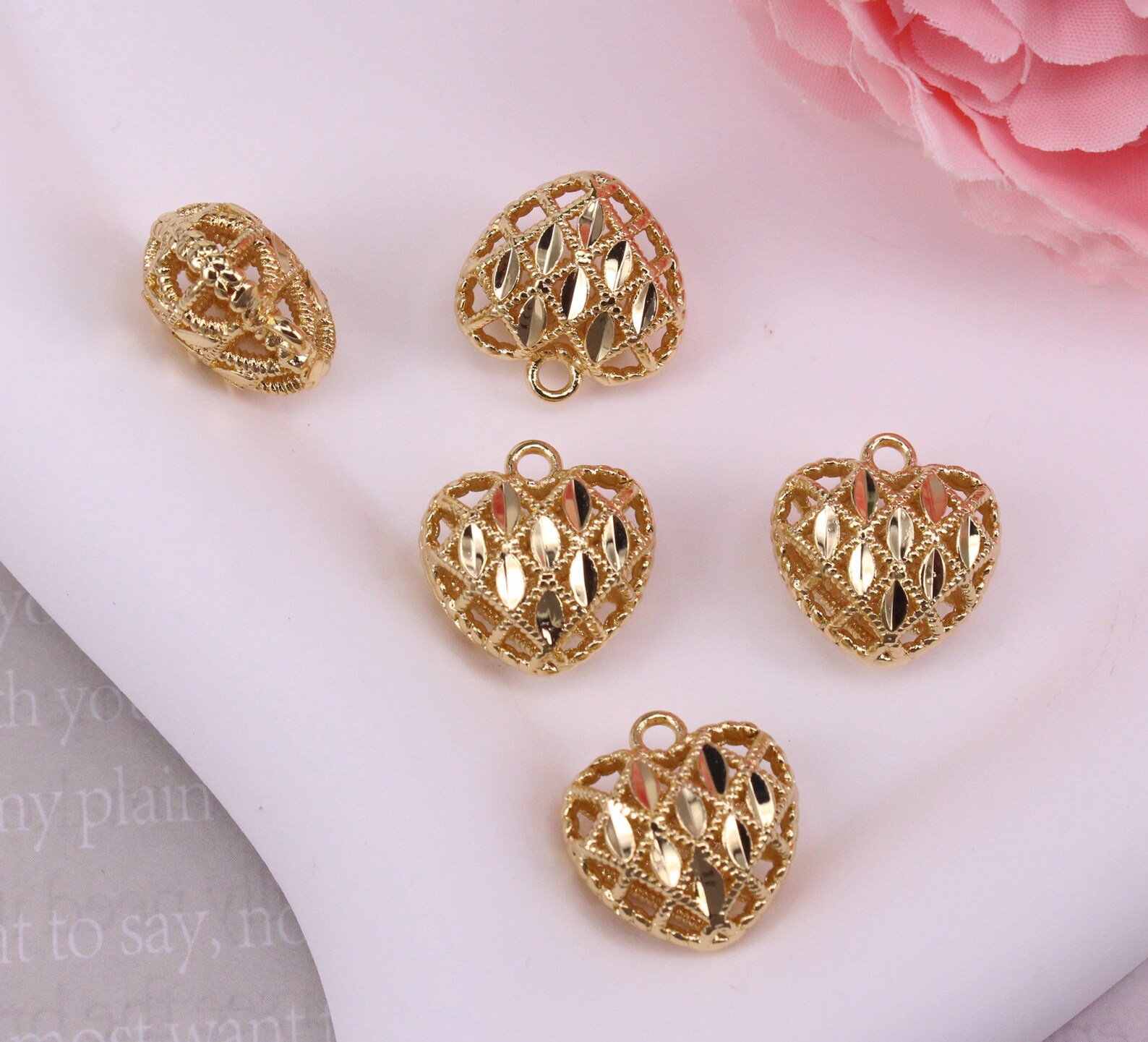 HOT 10pcs 15mm Gold Plated Mesh Heart Shape Copper Metal Beads ...