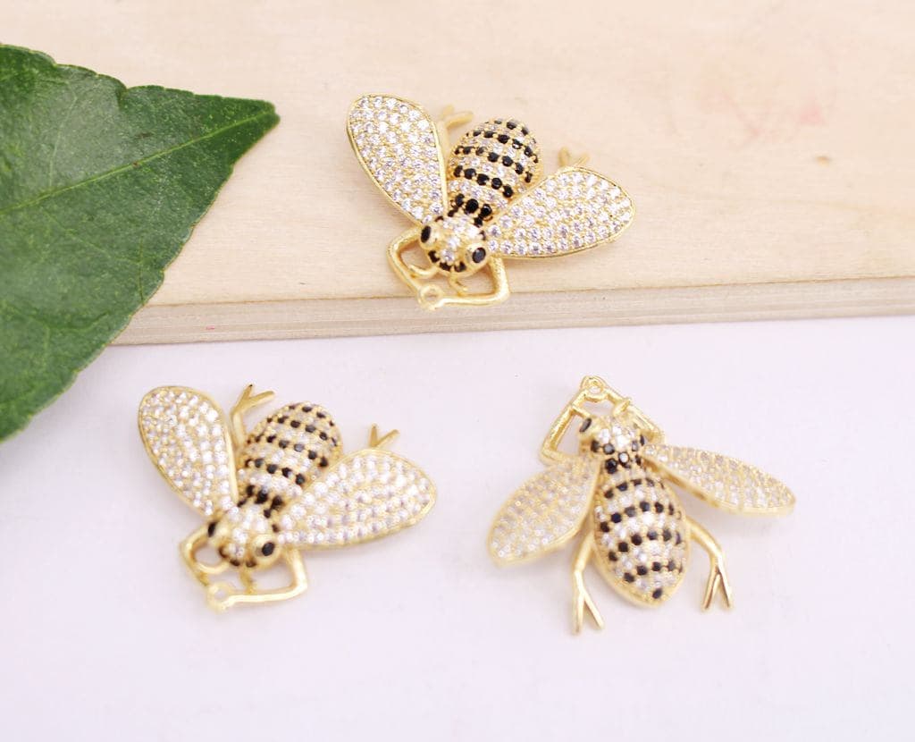5-10pcs 25x29mm Gold Plated Bee Shape Copper Metal White and Black CZ ...