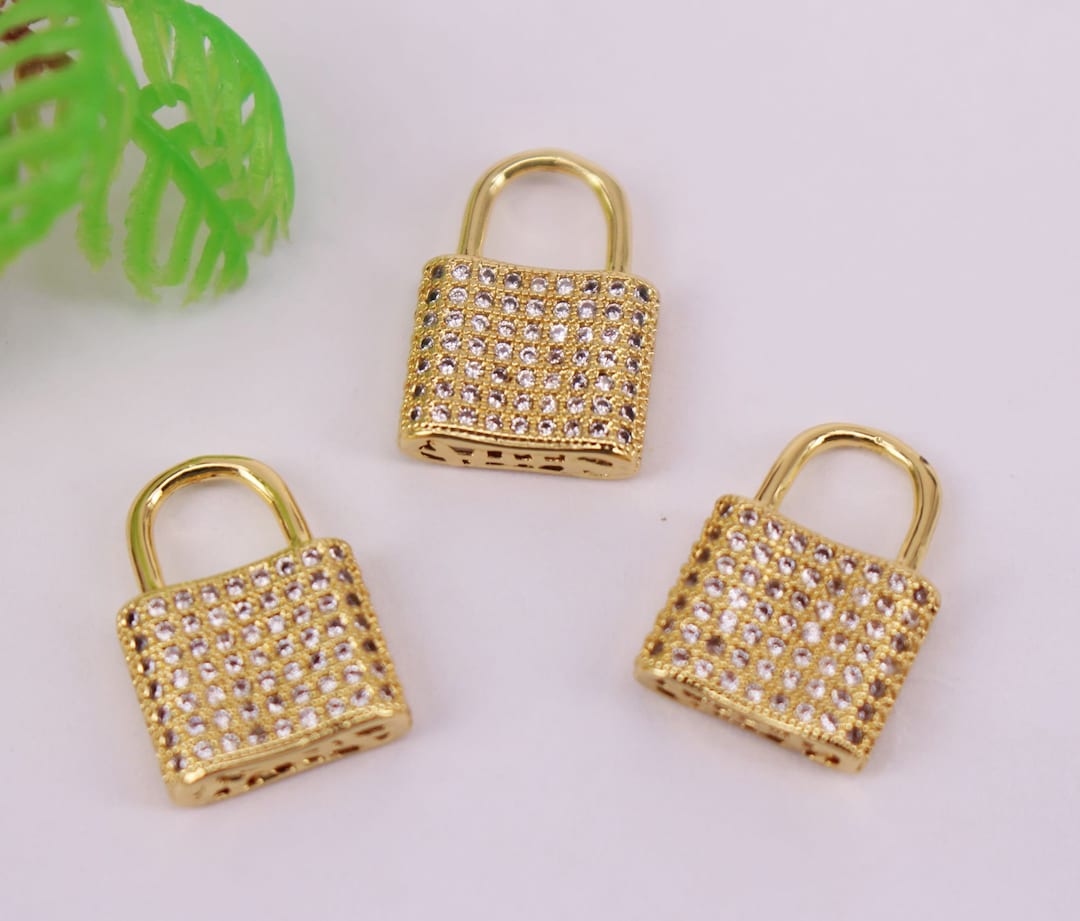 HOT 20pcs 12x16mm Gold Plated Lock Shape Copper Metal White CZ /zircon ...