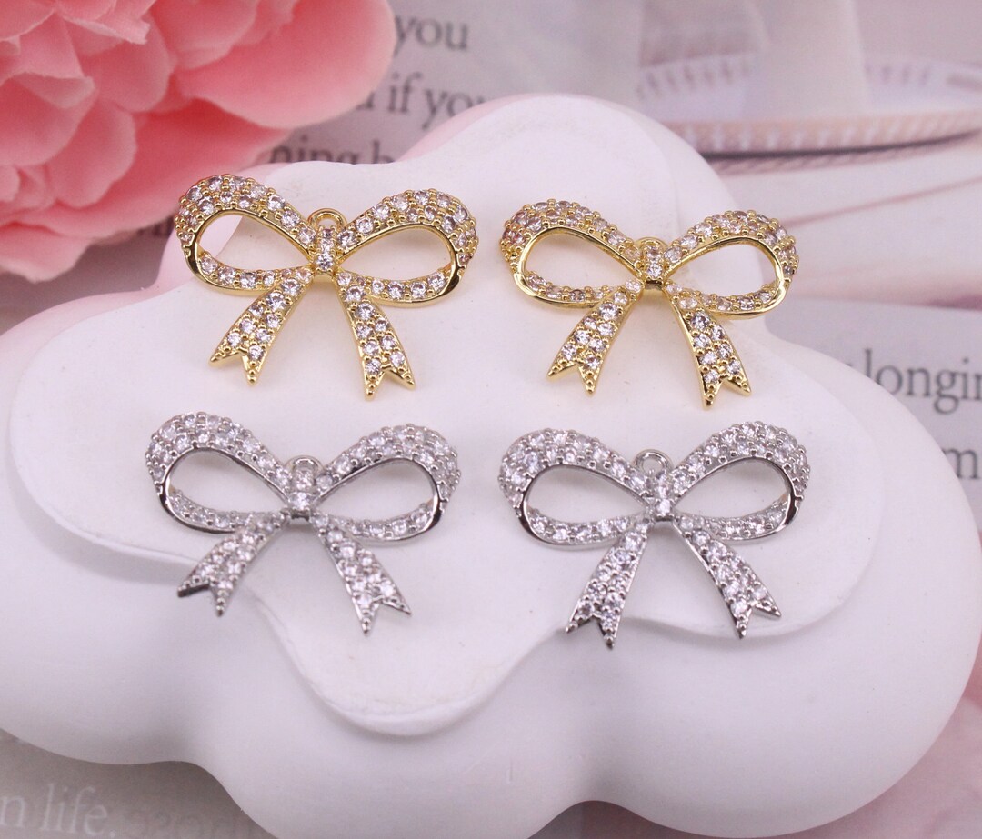 HOT 10pcs 16x22mm Mixed Plated Bow Shape Copper Metal White CZ / Zircon ...