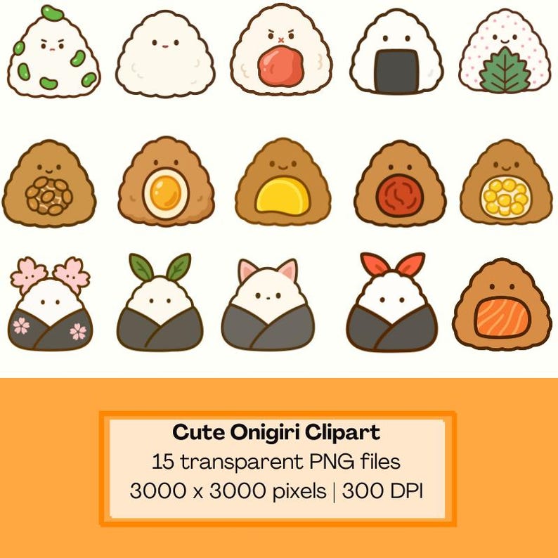 Cute Kawaii Onigiri Clipart Printable PNG Sakura Natto Sticker Japanese ...