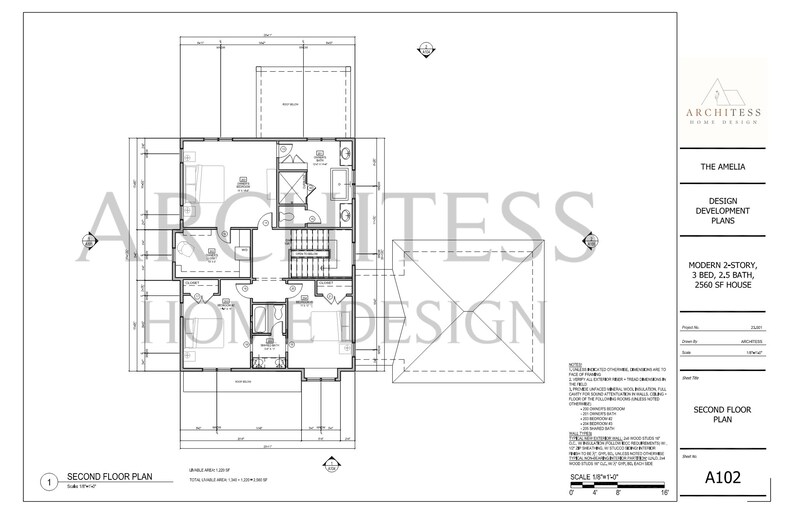 Modern House Plans - 2 Story, 3 Bed, 2.5 Bath, 2560sf, the Amelia Design Development Plans, PDF ...