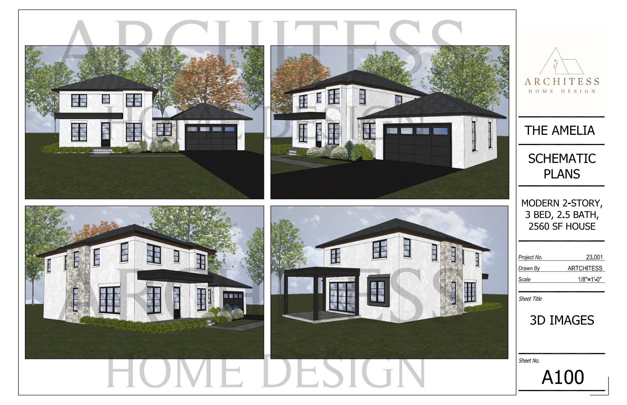 Schematic Modern House Plans - 2 Story, 3 Bed, 2.5 Bath, 2560sf; the ...