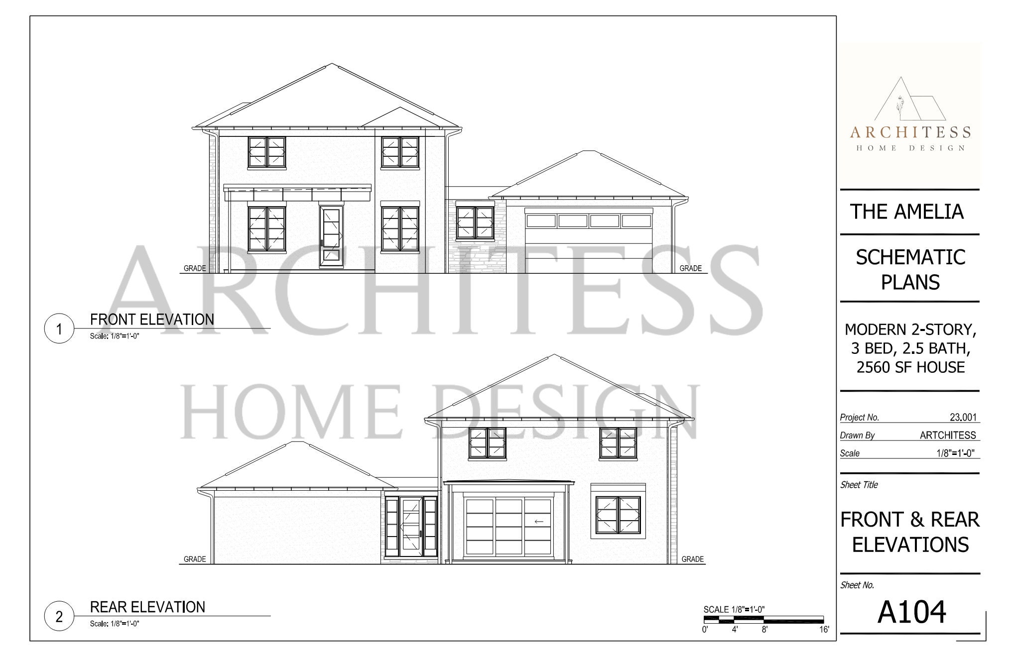 Schematic Modern House Plans - 2 Story, 3 Bed, 2.5 Bath, 2560sf; the ...
