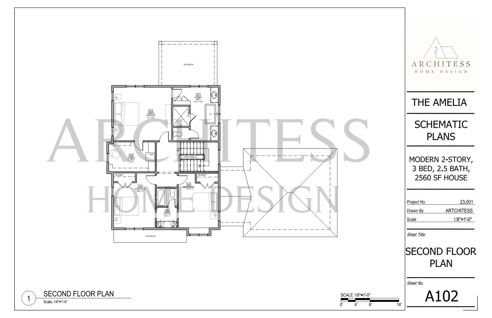 Schematic Modern House Plans - 2 Story, 3 Bed, 2.5 Bath, 2560sf; the ...