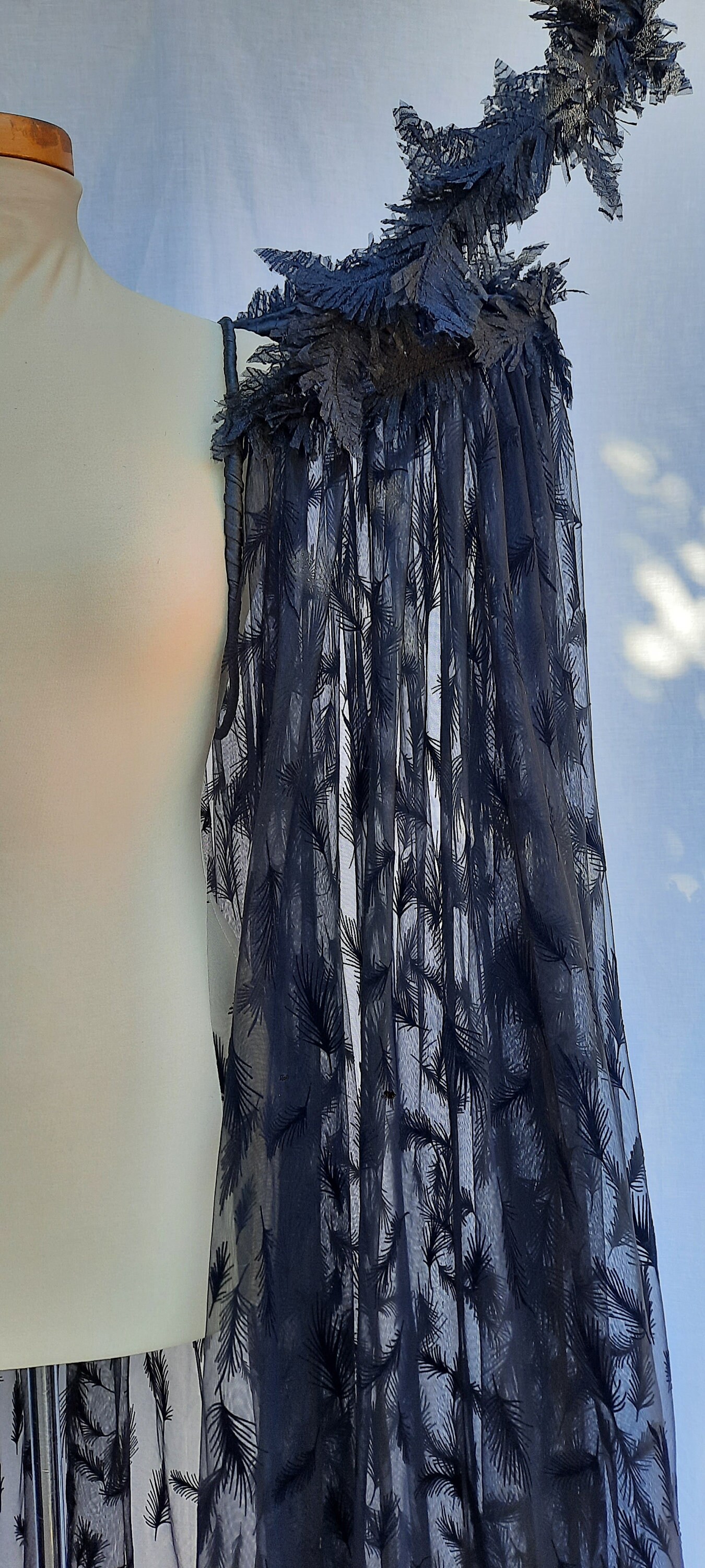 Unique Black Cape, Tulle and Fabric Feathers, Statement Piece, Festival ...