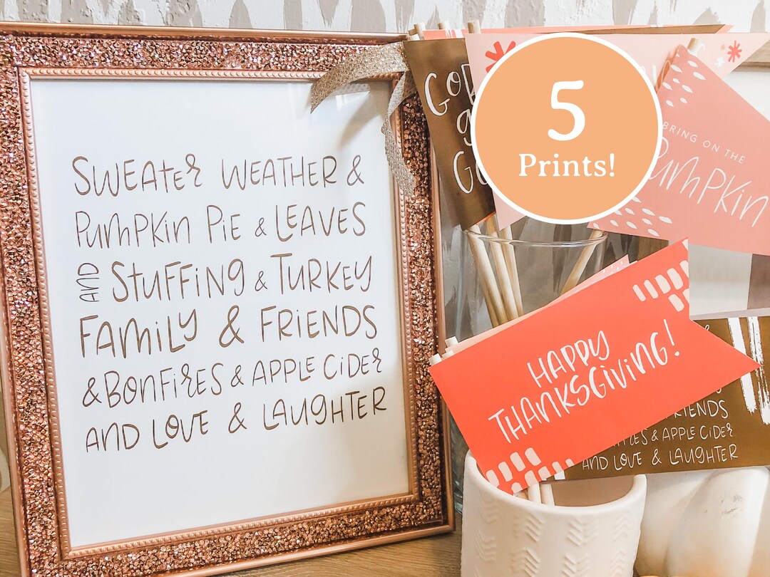 Thanksgiving Printable Wall Art, Set of 5 Fall Designs, Thankful Sign ...