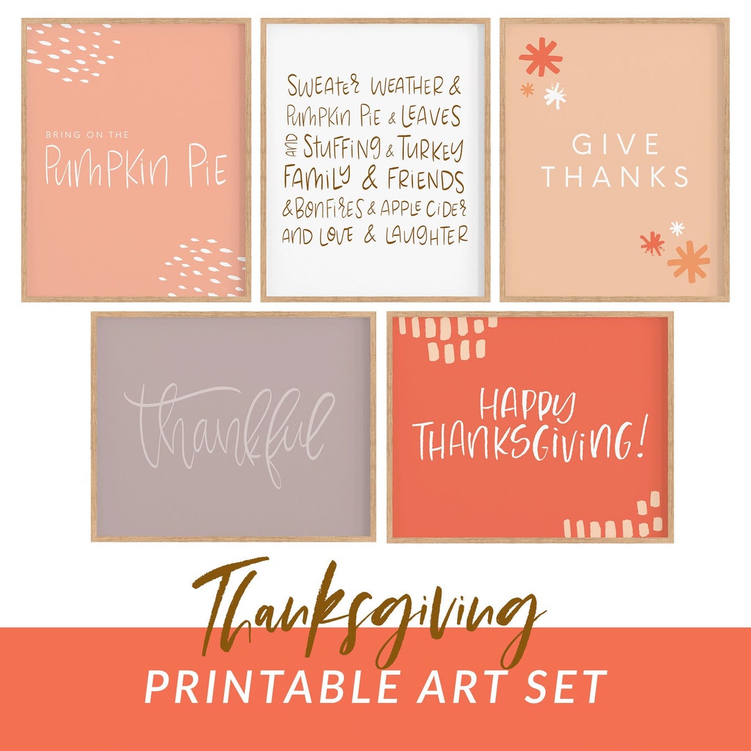 Thanksgiving Printable Wall Art, Set of 5 Fall Designs, Thankful Sign ...