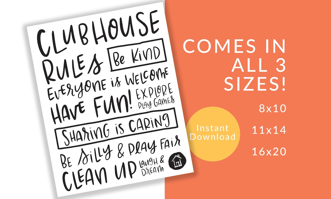 Printable Clubhouse Rules, Black and White Clubhouse, Clubhouse Art ...