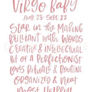 Virgo Zodiac ART PRINT PINK | Astrology Print Virgo Baby Zodiac Art ...