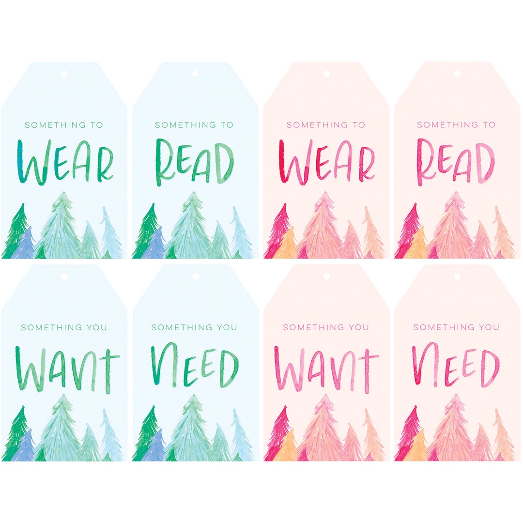Printable Christmas Gift Tags, Wear Read Want Need Gift Tags, Cute ...