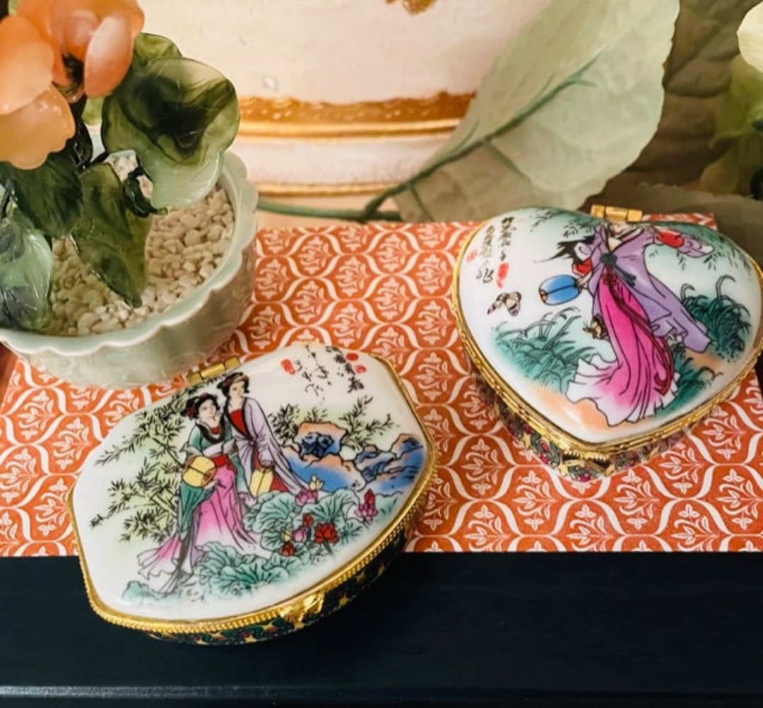 Porcelain Trinket Box Chinoiserie Trinket Box Heart Shaped Trinket Box ...