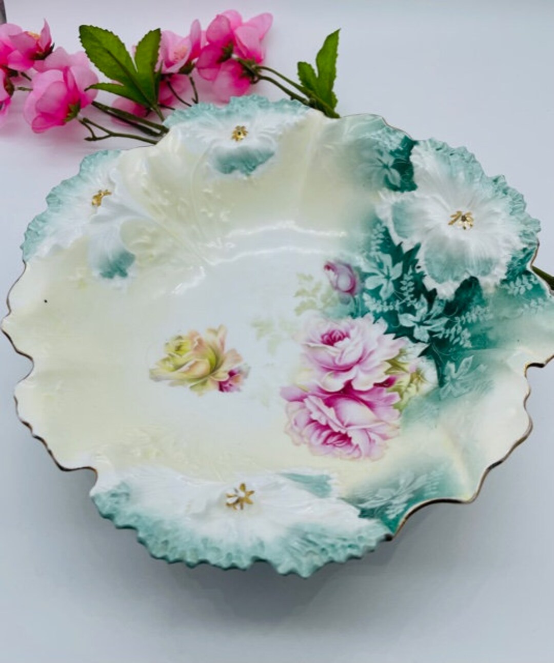 Rare RS Prussia Antique Bowl RS Prussia Bowl Aqua Bowl With Pink Roses ...