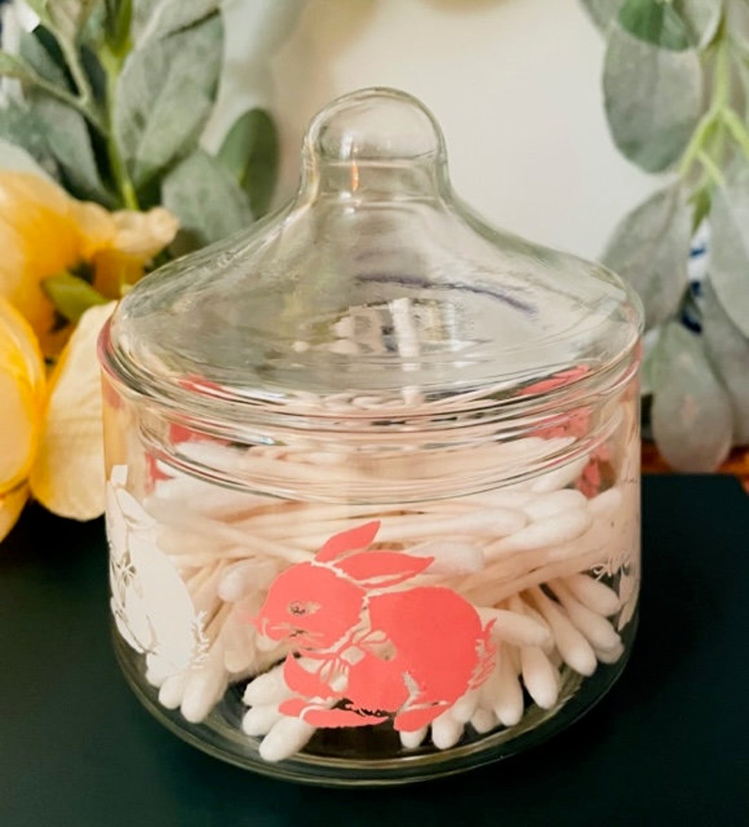 Vintage Bunny Jar, Vintage Covered Jar, Vintage Glass Jar With Bunnies ...