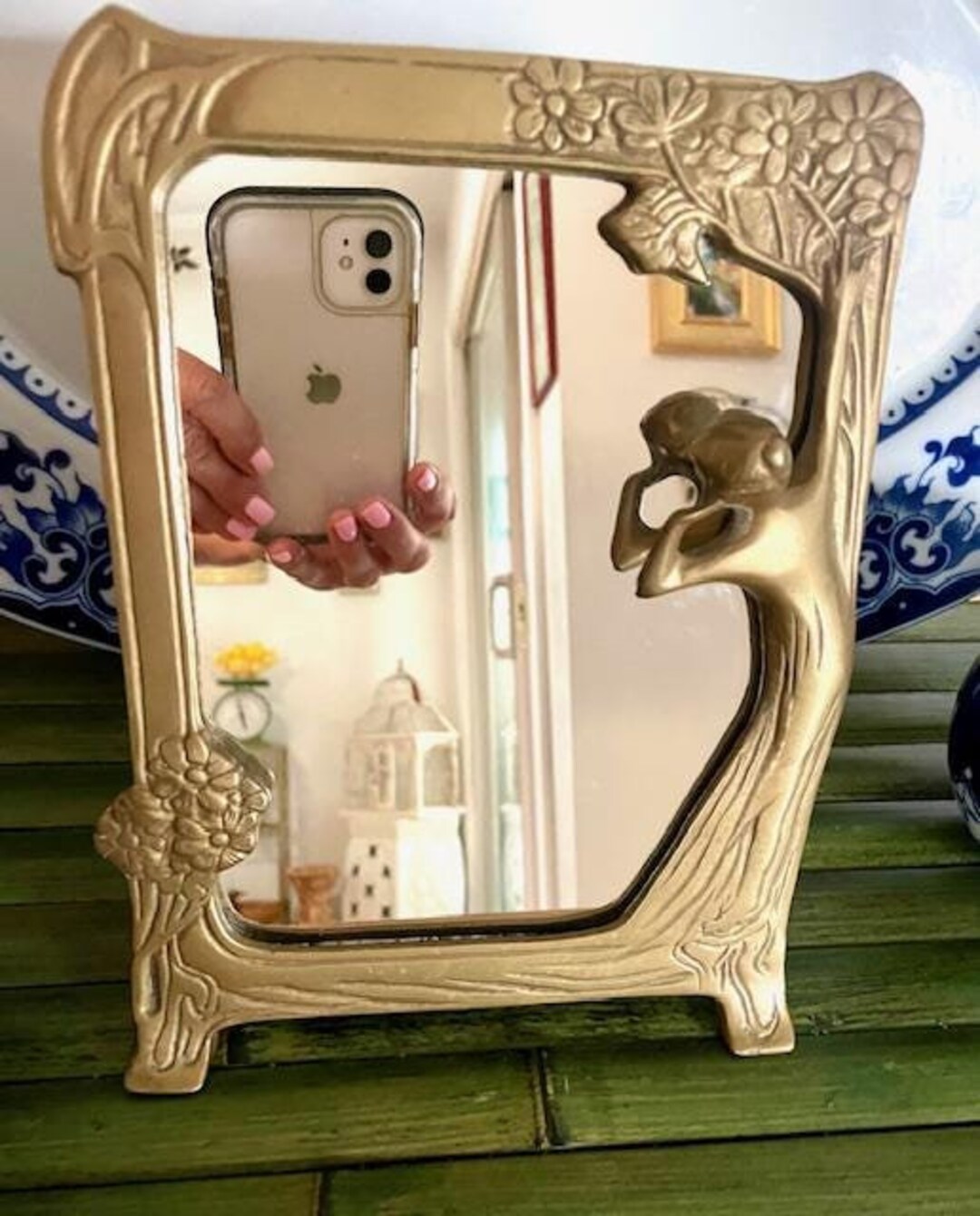 Brass Vanity Mirror Lady of the Lake Mirror Dresser Mirror Easel Back ...