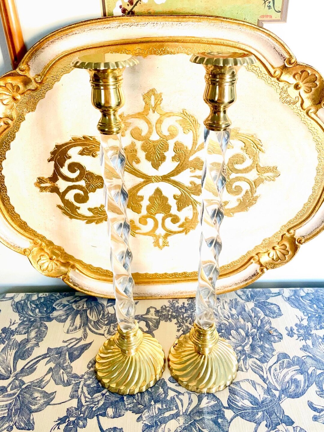 Twisted Lucite and Brass Candlestick Pair Mid Century Modern ...