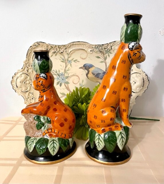 Cheetah Candlesticks Vintage Cheetah Candlesticks Jungle Decor - Etsy