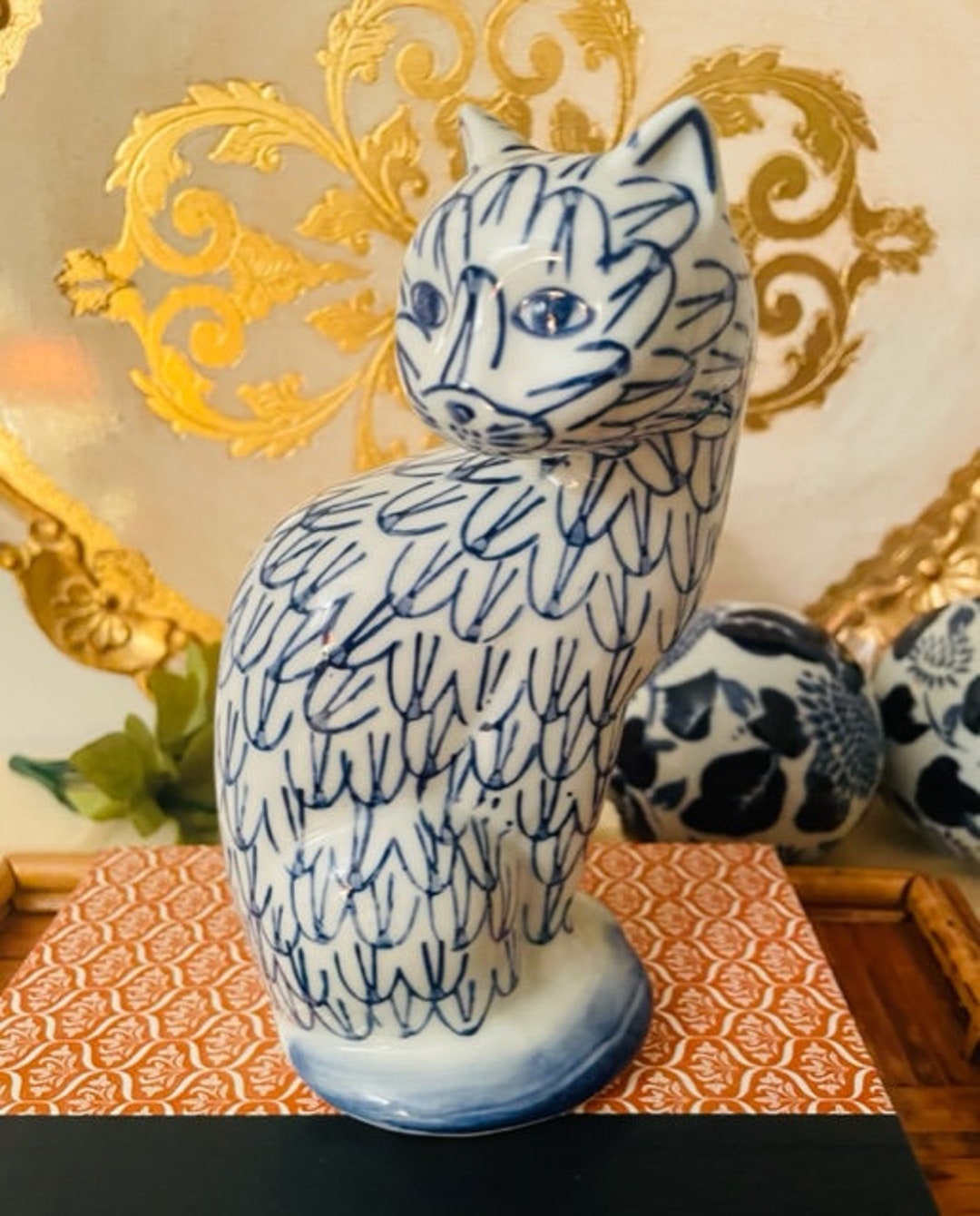 Blue and White Cat Statue MCM Cat Mid Century Modern Vibe Mid Century ...