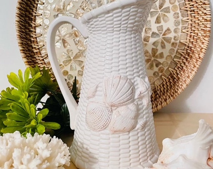 Beach Decor Coastal Decor White Pitcher Seashell Decor Seashell Pitcher ...