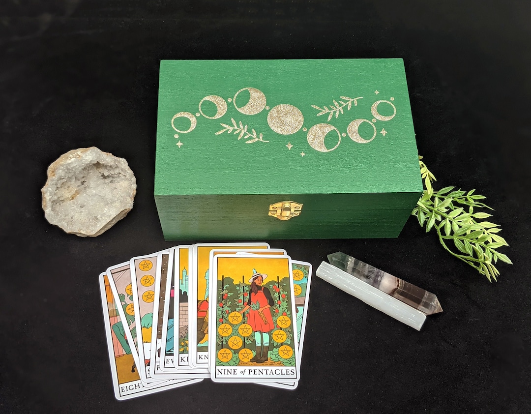 MOON PHASE Wood Box, Tarot Card Box, Altar Storage, Crescent Moon Art ...