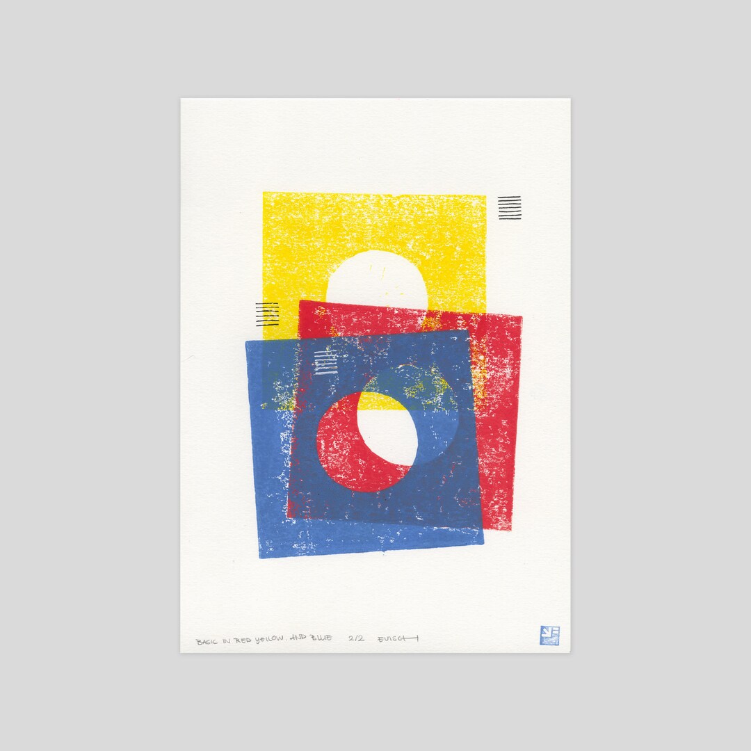 Basic in Red, Yellow and Blue. Lino Print of Abstract Design in Primary ...