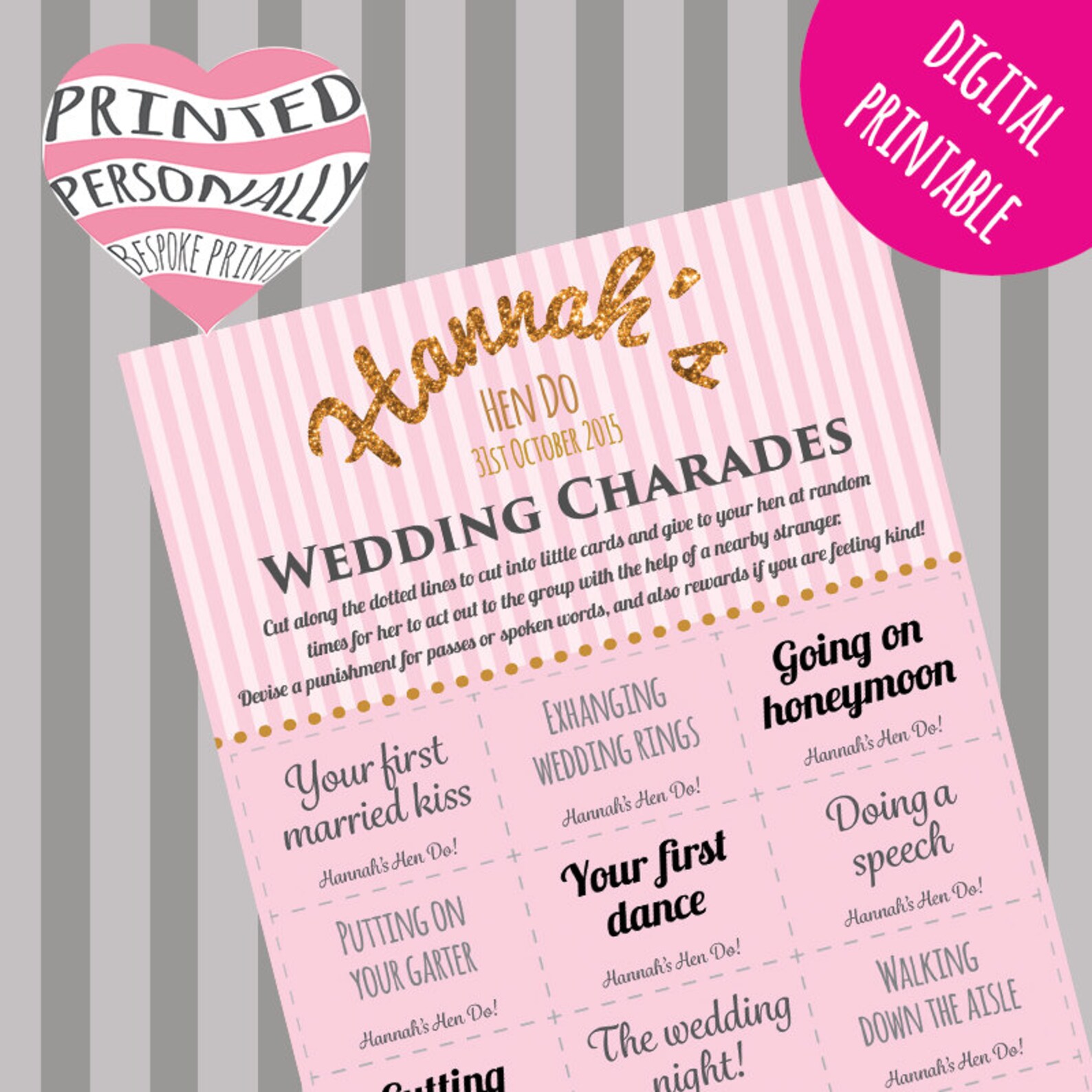 Personalised Hen Party Game Wedding Charades Printable Hen Do Game Pink 