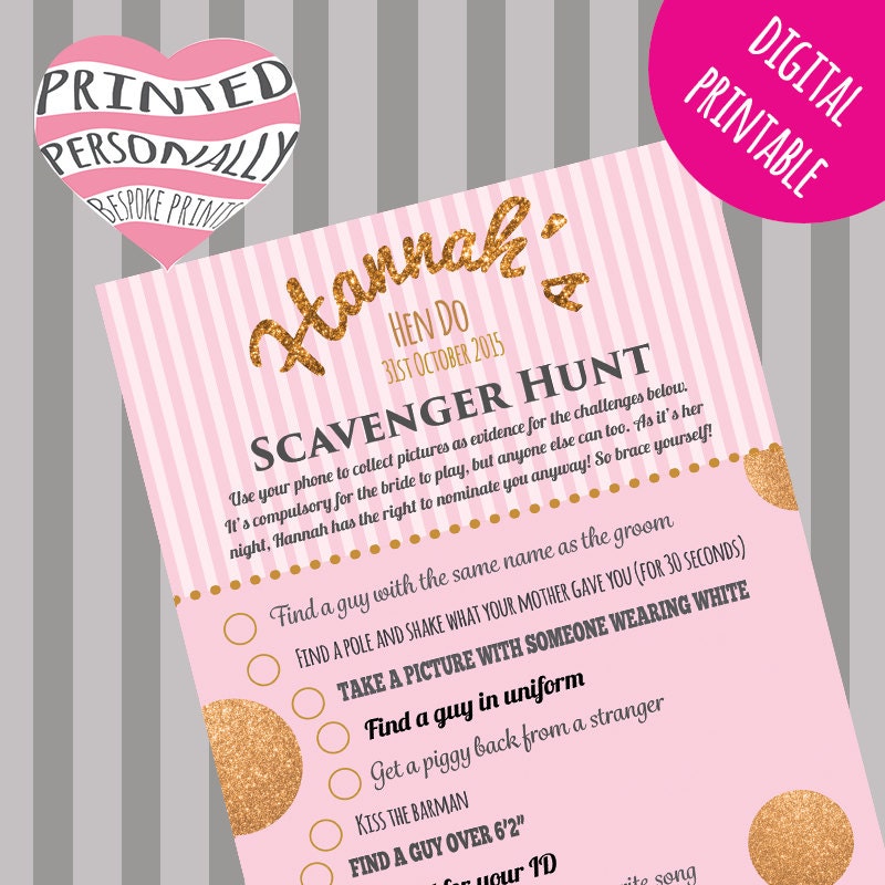 Personalised Hen Party Game - Scavenger Hunt - Printable Hen Do Game ...