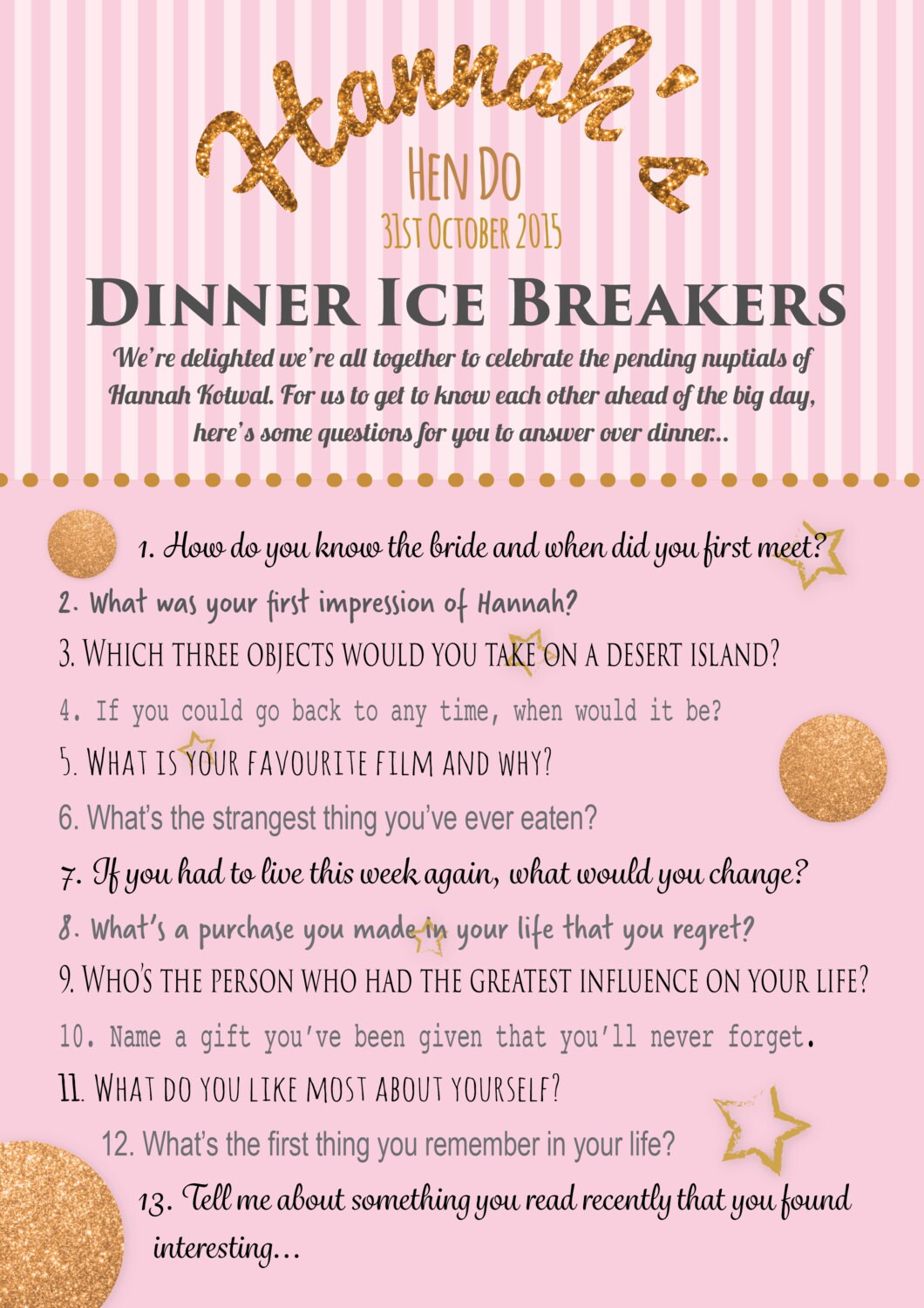 Personalised Hen Party Game Ice Breaker ions Game Etsy