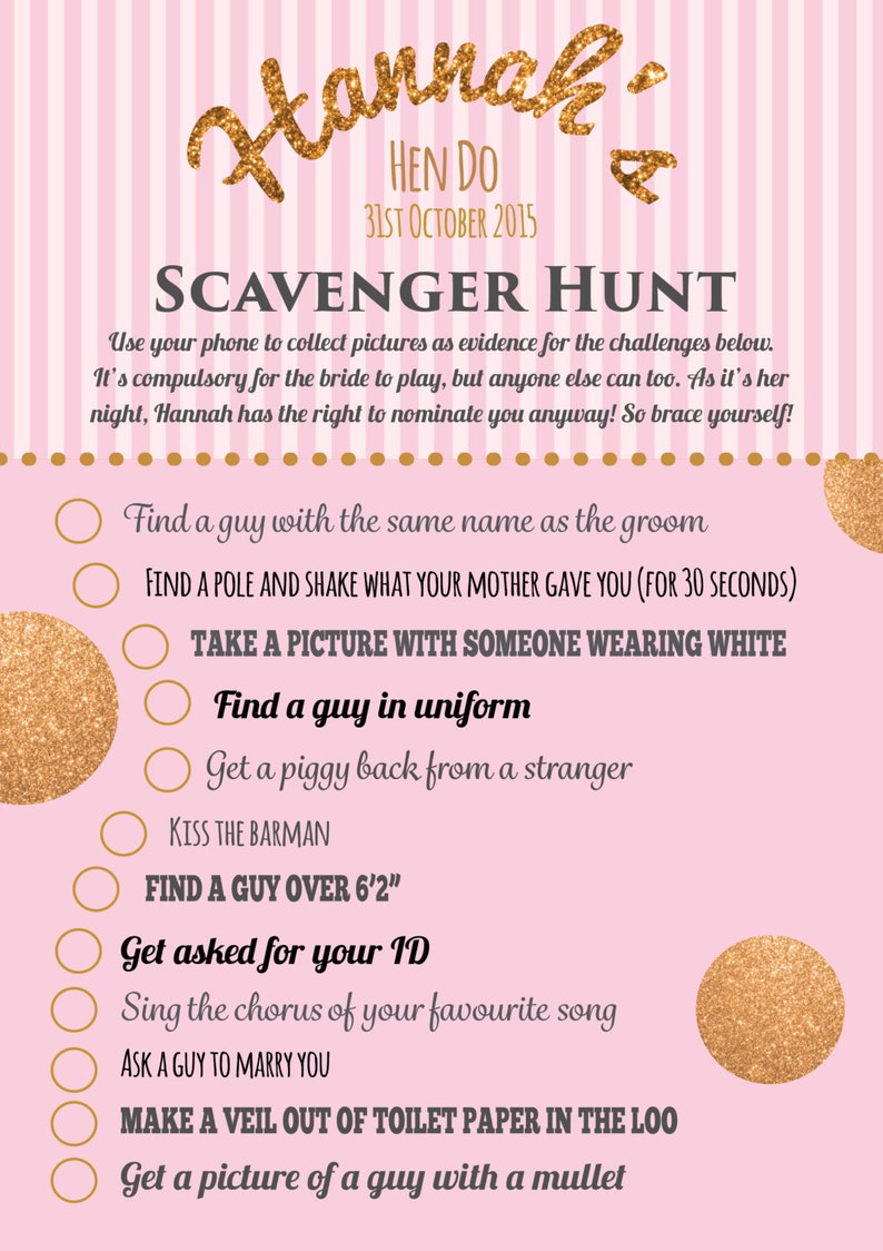 Personalised Hen Party Game Scavenger Hunt Printable Hen Etsy UK