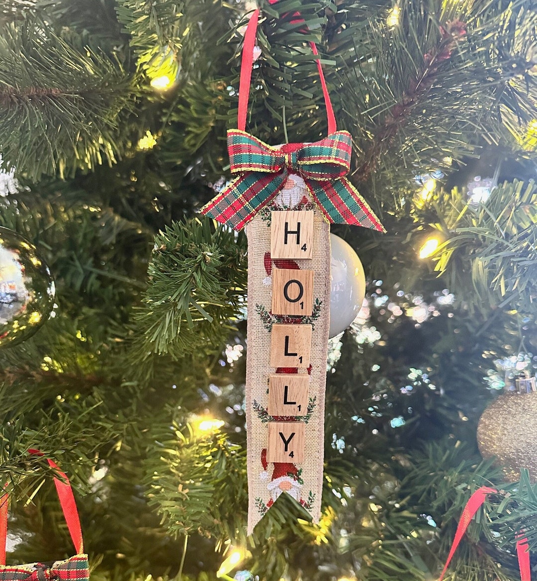 Scrabble Tile Name Ornament // Ribbon Ornament // Stocking Name Tag ...