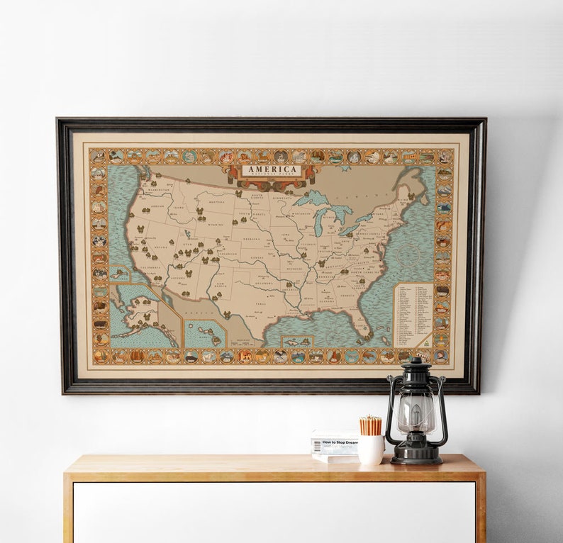 National Parks Map, Vintage Style America Map, Hiking Art, Explorer Map ...