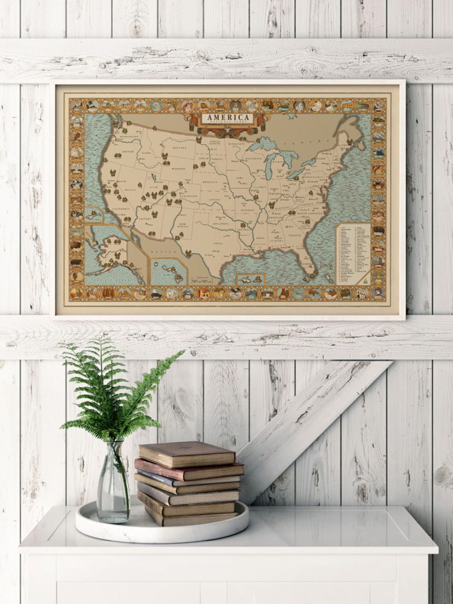 National Parks Map, Vintage Style America Map, Hiking Art, Explorer Map ...