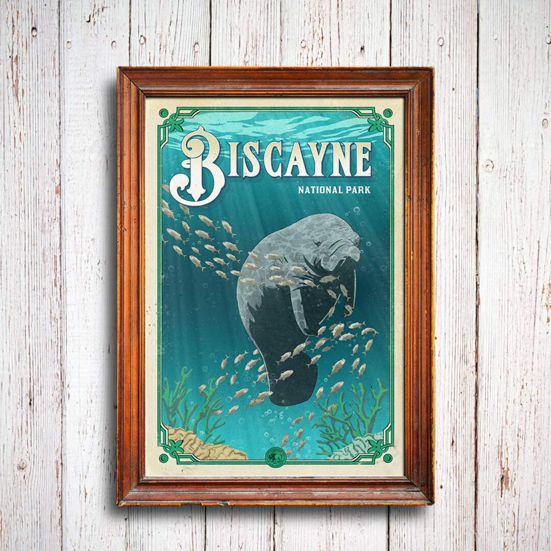 Biscayne National Park Poster, Manatee & Coral Reef Art - Etsy