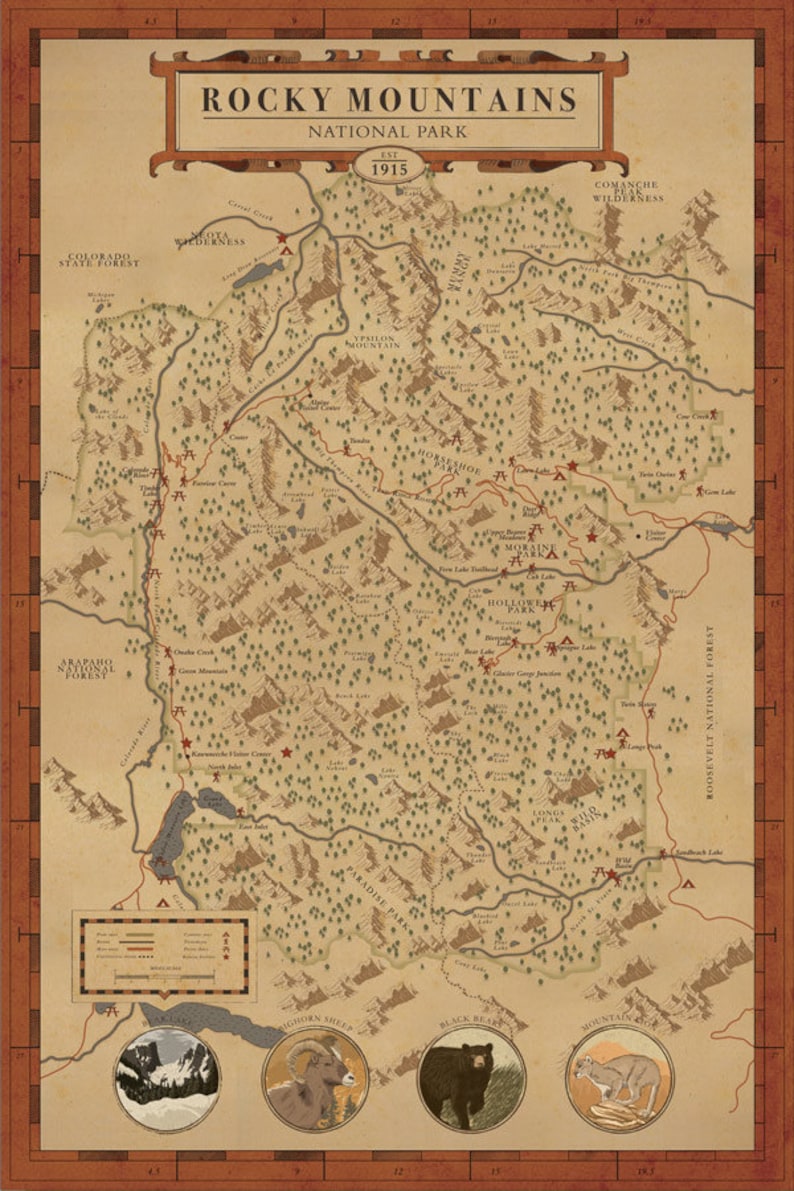 Mapa del Parque Nacional de las Montañas Rocosas ver mapa de - Etsy España