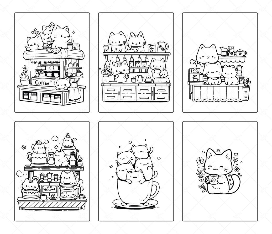 Printable Kawaii Cats in the Coffee Station Coloring Pages | 6 Cute ...